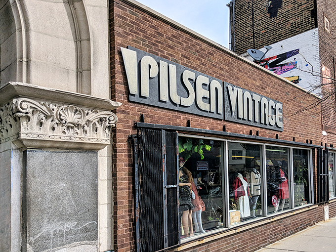 The brick facade of Pilsen Vintage beckons like a portal to fashion's past, where yesterday's styles await their second act in Chicago's vibrant cultural landscape.