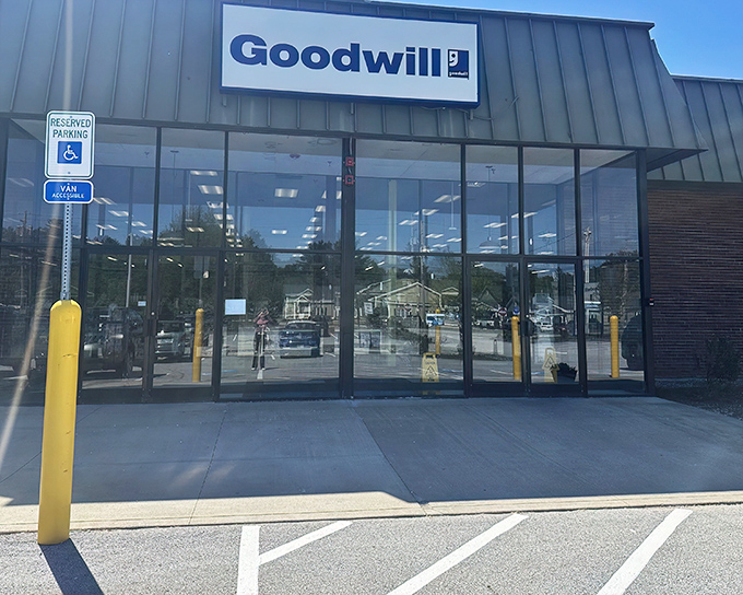 Bright and welcoming, the Concord Goodwill's entrance promises adventures in secondhand shopping without the musty basement vibes.