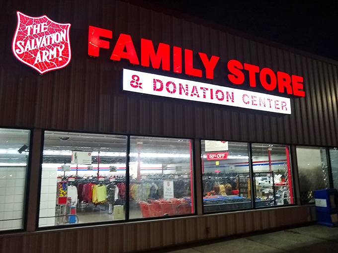 That red "FAMILY STORE" sign glowing at night promises bargains inside that'll make your wallet actually smile for once.