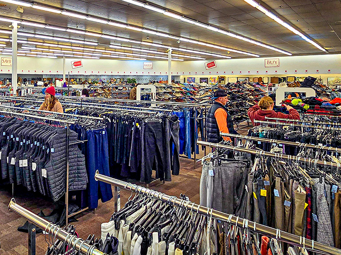 The iconic red shield welcomes bargain hunters to this brick-faced treasure trove where thirty bucks can transform your wardrobe, home, or both.