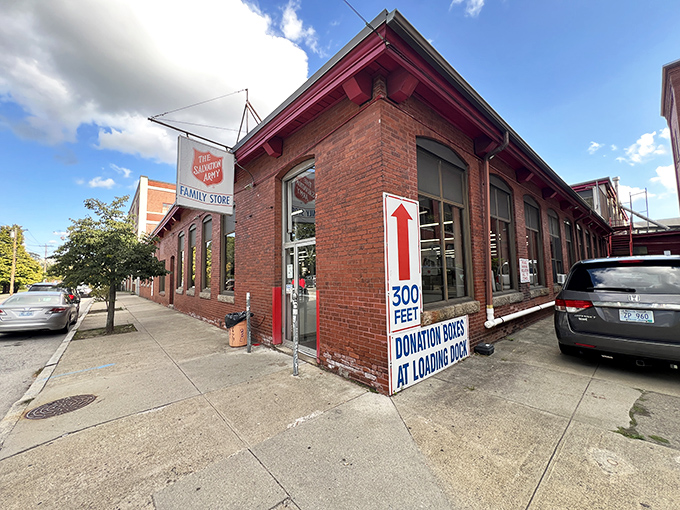 The historic brick exterior of Providence's Salvation Army Thrift Store promises treasure hunting adventures within its unassuming walls. Fashion salvation awaits!