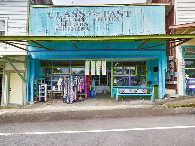 The turquoise storefront of Glass From the Past beckons like a portal to another era, promising treasures that whisper stories of Hawaii's colorful past.