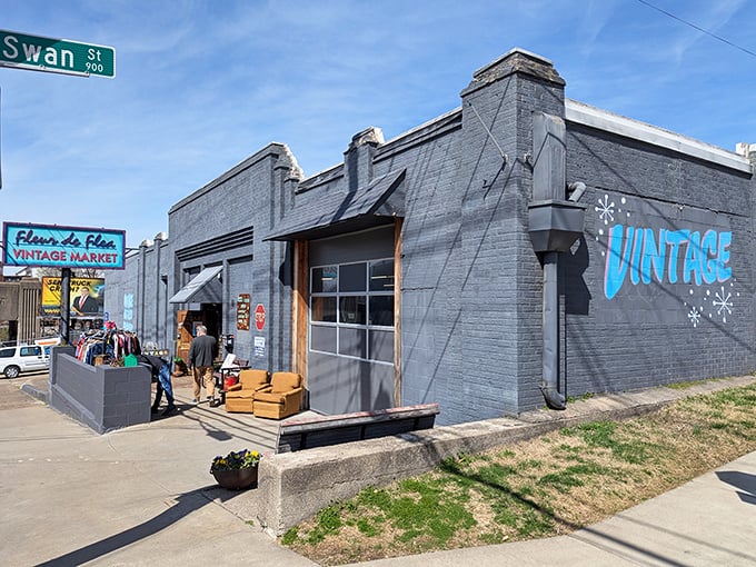 The unassuming blue-gray exterior hides a universe of treasures within, like finding the TARDIS of vintage shopping parked on Swan Street.