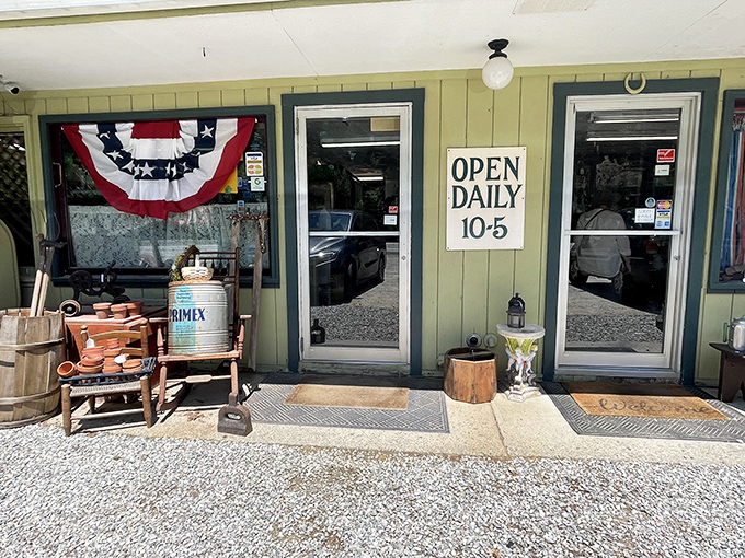 The unassuming green exterior with its patriotic bunting is like a vintage treasure chest disguised as a country store. Open daily!