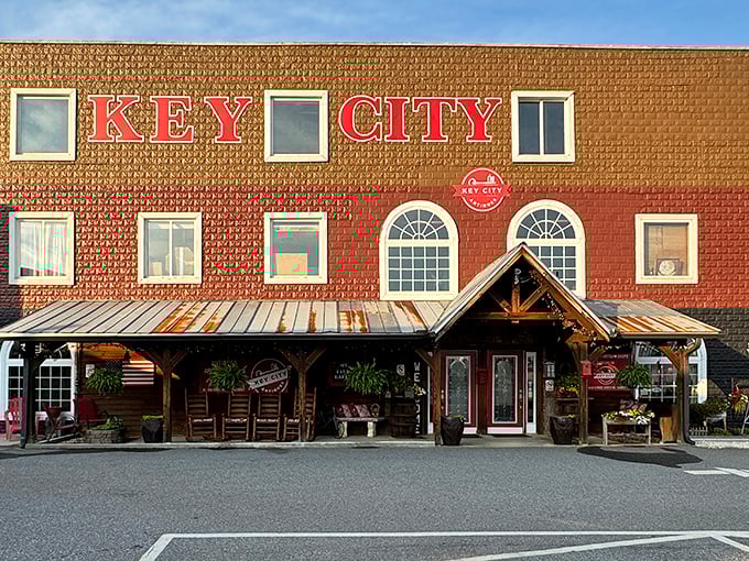 The iconic brick fa&ccedil;ade of Key City beckons treasure hunters with its rustic wooden porch and bold red lettering&mdash;architectural clickbait for vintage enthusiasts.