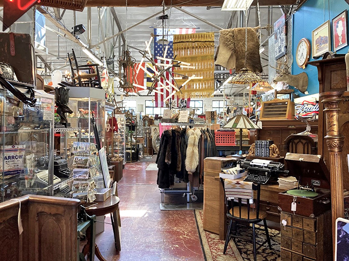 American flags, vintage typewriters, and fur coats create a time-travel tableau where every aisle feels like walking through different decades simultaneously.