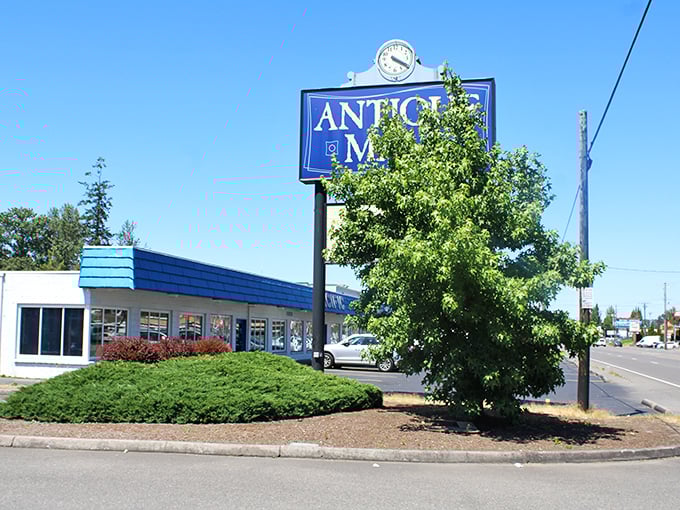 That vintage sign has been guiding nostalgic souls to retail therapy for decades. The clock on top reminds you: time travel takes time.