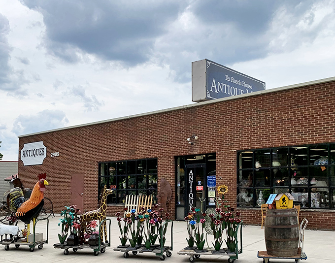 The brick facade might not scream "wonderland inside," but that metal rooster knows what's up—treasures await beyond those doors.