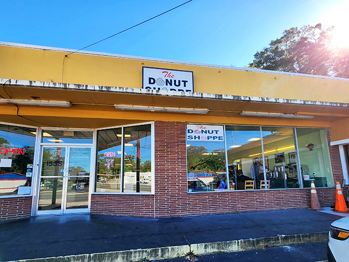 The unassuming yellow facade of The Donut Shoppe stands like a beacon of sugary hope on Jacksonville's University Boulevard. Morning sunshine hints at the golden treasures waiting inside.