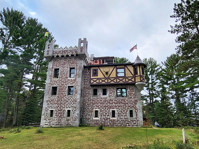Kelley Castle emerges from the Wisconsin pines like a medieval mirage, its stone towers and Irish flag a delightful shock to Northwoods travelers expecting nothing more exotic than a bait shop. 