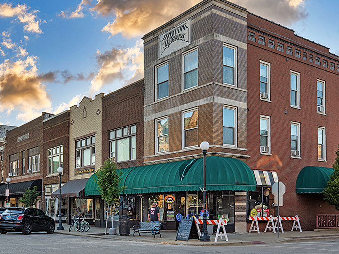 Downtown Charleston's historic storefronts glow at golden hour, proving small-town architecture still knows how to show off.