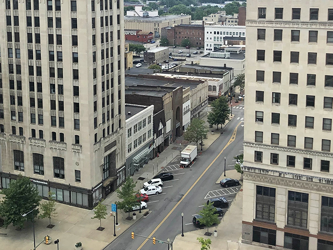 A bird's-eye view of Youngstown's historic downtown, where vintage buildings stand shoulder-to-shoulder like architectural time travelers refusing to leave the party.