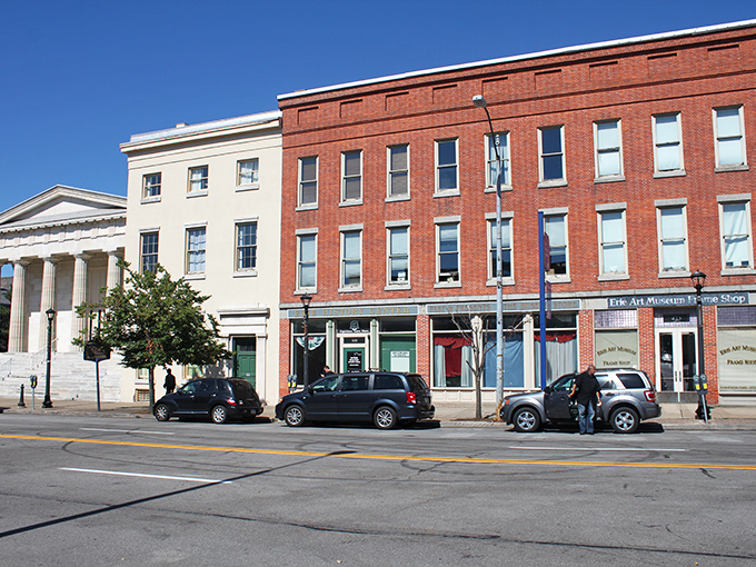 Historic charm meets small-town vibes along Erie's downtown streets, where brick buildings whisper stories of the past while housing today's thriving businesses.