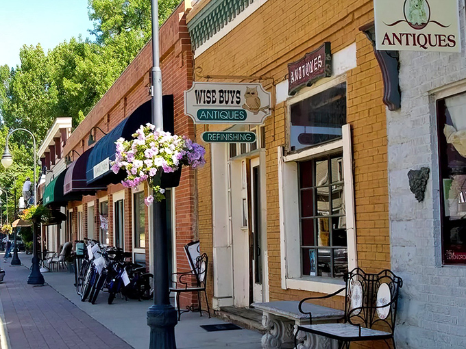 Antique shops line this picturesque street where hanging flower baskets add splashes of color and vintage treasures await discovery behind every storefront.