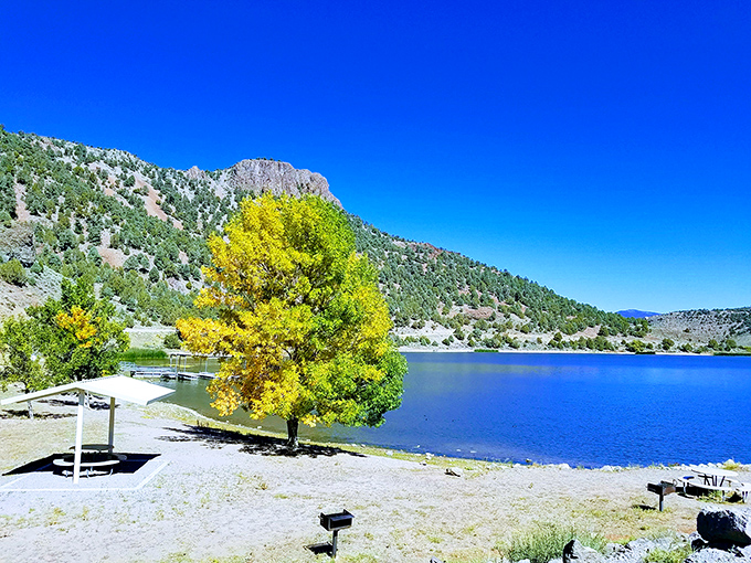 Nature's perfect canvas: Eagle Valley Reservoir's sapphire waters mirror the surrounding mountains with such clarity you'd swear Bob Ross himself designed the scene.