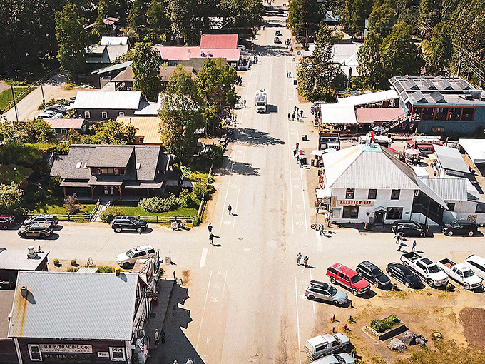 Talkeetna from above looks like a movie set director's dream of "authentic Alaska" &ndash; complete with that perfectly imperfect main street and mountain backdrop.