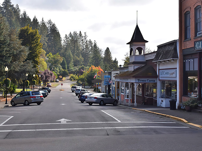 Brownsville's Main Street welcomes you with small-town charm and a skyline framed by evergreens – no skyscrapers needed here!