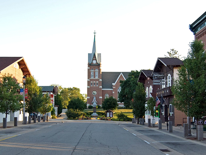 Downtown New Glarus at golden hour, where the Swiss United Church of Christ stands like a European postcard come to life. Small-town charm with big personality.