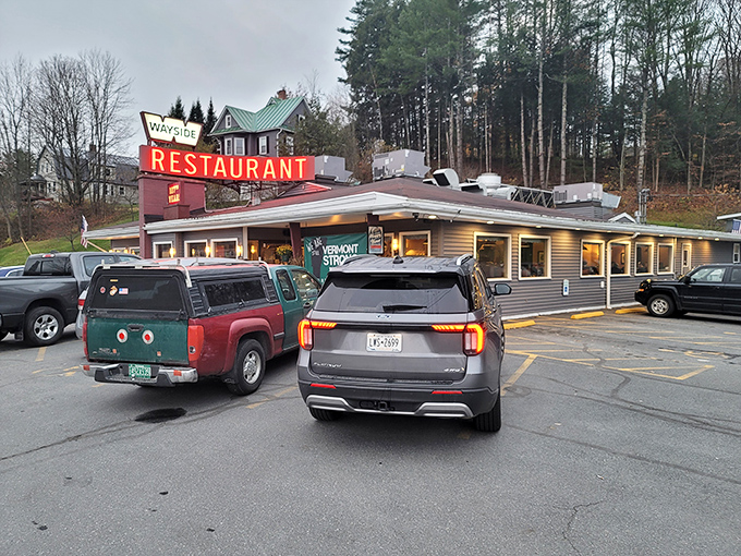 Morning, noon, or night, Wayside's parking lot tells the Vermont story &ndash; where pickup trucks and SUVs gather in democratic harmony for the pursuit of perfect pancakes.