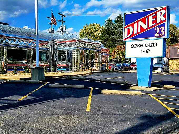 The gleaming silver exterior of Maddy's Diner 23 stands like a time machine on wheels, permanently parked in Waverly and ready to transport hungry travelers back to America's golden age.
