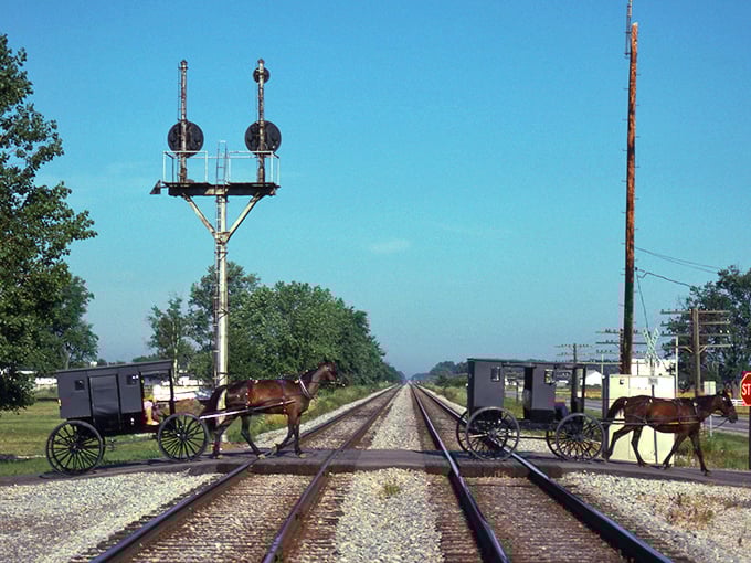 Where worlds literally cross paths. Amish buggies traverse the railroad tracks in a scene that perfectly captures Nappanee's unique cultural intersection.