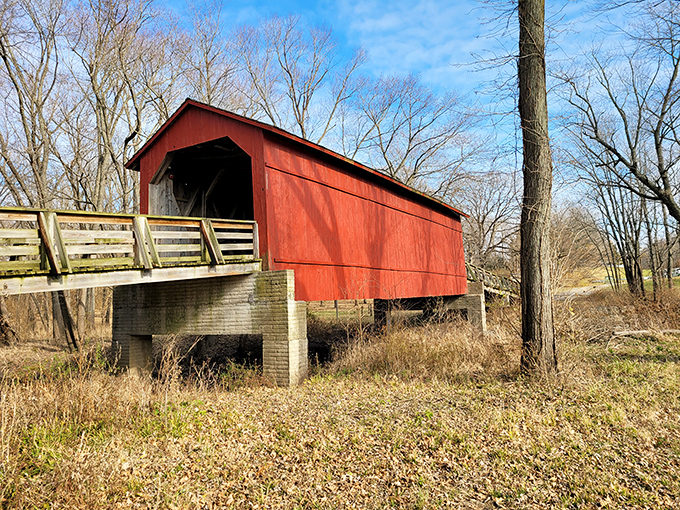 The classic barn-red exterior stands proudly against the Illinois sky, like a time machine disguised as architecture.