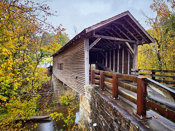 Fall's golden embrace transforms this 19th-century wooden sentinel into a postcard-perfect scene. Mother Nature really knows how to accessorize.