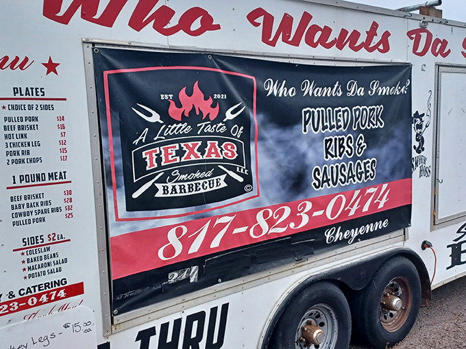 The unmistakable sign of barbecue salvation in Wyoming. "Who Wants Da Smoke?" isn't just a question&mdash;it's an invitation to meat paradise.