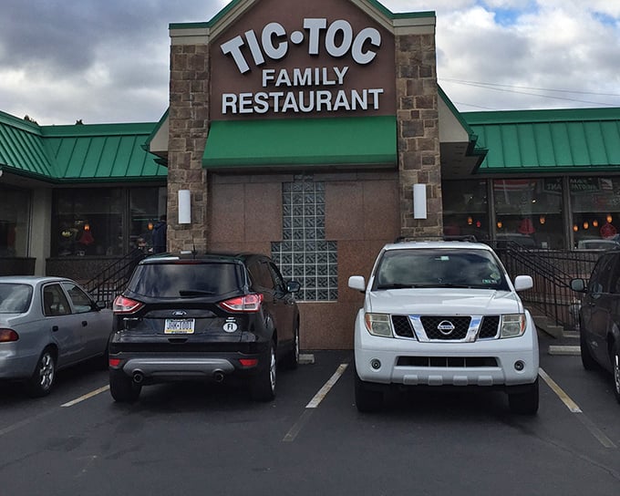 The unassuming exterior of Tic-Toc Family Restaurant in Easton hides a breakfast paradise within. Green roof, stone facade, and hungry patrons—the telltale signs of something good.