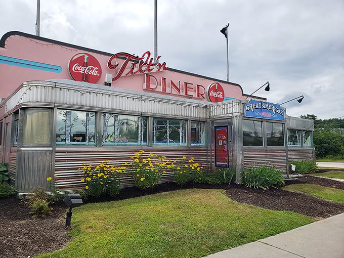 The pink and chrome exterior of Tilt'n Diner gleams like a time machine to simpler days, when calories weren't counted and coffee refills were endless.