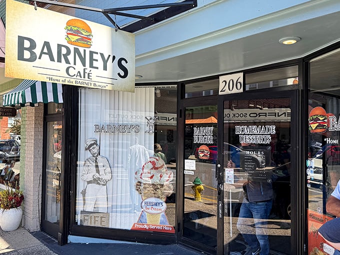 A closer look at Barney's exterior reveals the perfect small-town diner aesthetic &ndash; complete with Mayberry references that would make Sheriff Andy proud.