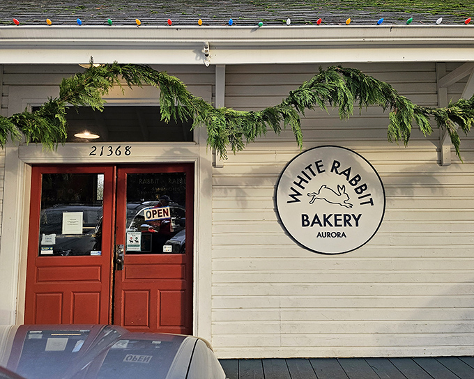 Those red doors aren't just an entrance—they're a portal to pastry paradise. The charming exterior with its leaping rabbit logo promises delicious adventures within.