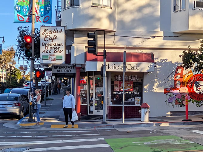 The corner spot that time forgot &ndash; Eddie's Cafe stands proudly at Divisadero and Fulton, promising "Breakfast All Day" like a beacon to hungry San Franciscans.
