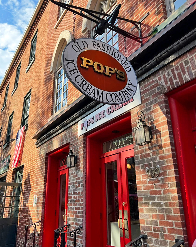 That hanging sign promises old-fashioned goodness, and those red doors deliver it in frozen, creamy spoonfuls.
