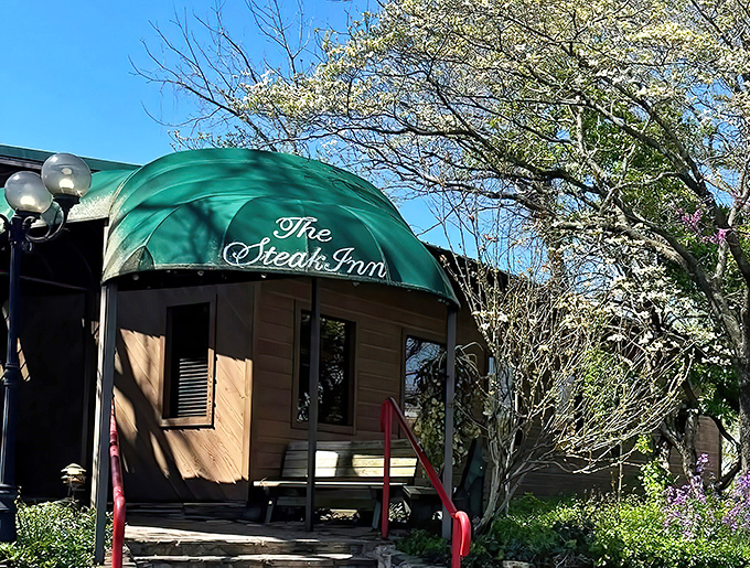 Spring blossoms frame The Steak Inn's iconic green awning like nature's own welcome committee &ndash; Missouri hospitality in full bloom.