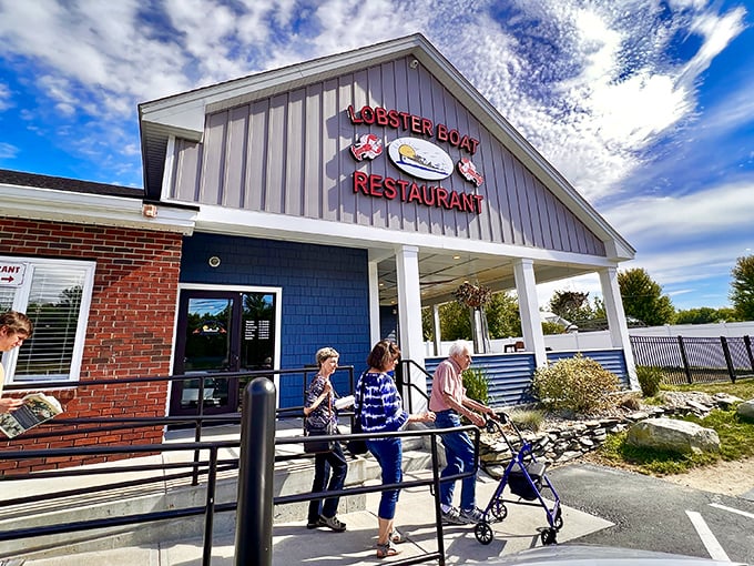The classic New England facade of The Lobster Boat welcomes hungry visitors with its cheerful blue accents and maritime charm. No ocean view needed when the seafood inside is this good!