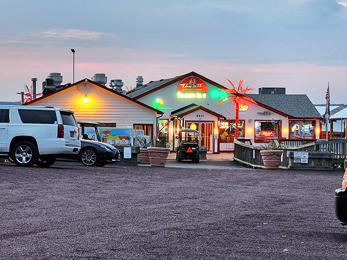 Tim's II glows like a beacon at dusk, its neon palm tree and red trim promising seafood salvation after a long drive through King George County.