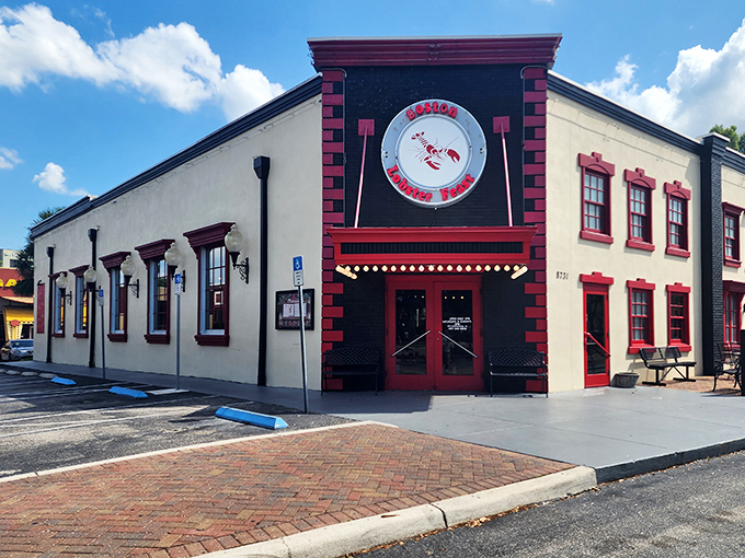 The iconic red and white fa&ccedil;ade of Boston Lobster Feast stands out like a culinary lighthouse in Orlando's sea of restaurants.