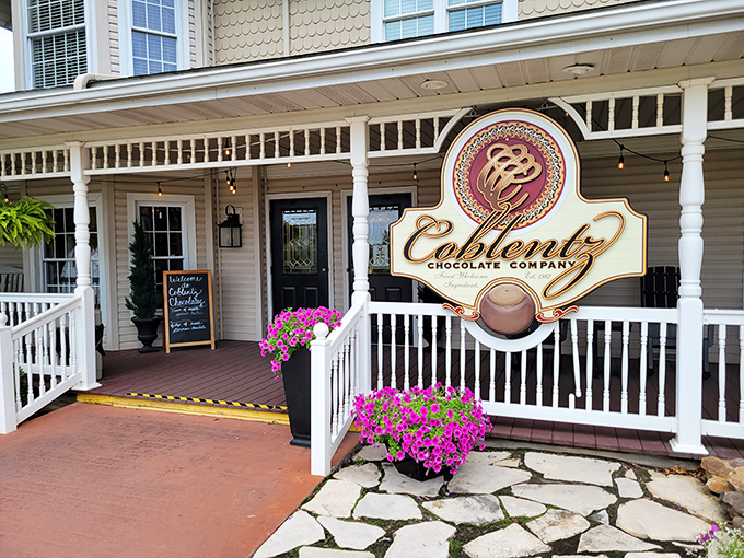 The charming facade of Coblentz Chocolate Company welcomes chocolate pilgrims with its wraparound porch and vibrant flowers. Willy Wonka's got nothing on this real-life chocolate paradise.