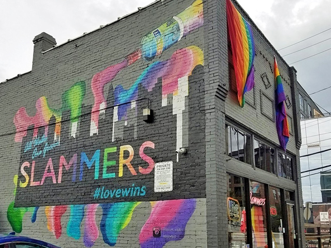 The rainbow-splashed exterior of Slammers announces itself with pride and pizzazz. Columbus's LGBTQ+ friendly pizzeria wears its heart on its brick walls.