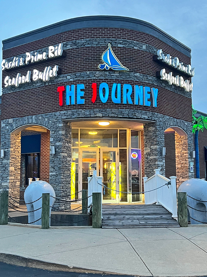 The nautical-themed exterior beckons hungry travelers with its stone-and-brick facade. At night, the illuminated sign promises a seafaring feast in landlocked Indianapolis.