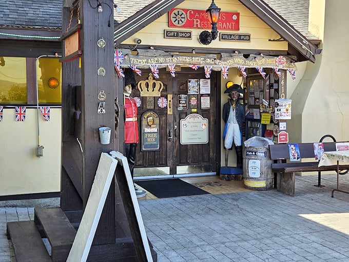A slice of Britain awaits behind these doors, where Union Jack flags flutter and royal guards stand at attention. No passport required!