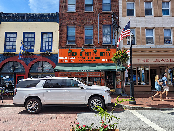 The iconic orange storefront of Chick & Ruth's stands proudly on Main Street in Annapolis, a beacon of comfort food that's been drawing hungry patrons for decades.