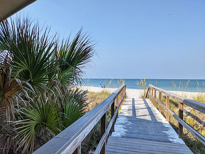 The boardwalk to paradise – where weathered wood leads to pristine shores and the only footprints you'll find might be your own.