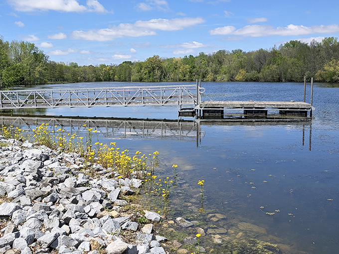 This fishing dock stretches into tranquility itself, offering anglers front-row seats to some of Illinois' most peaceful waters.