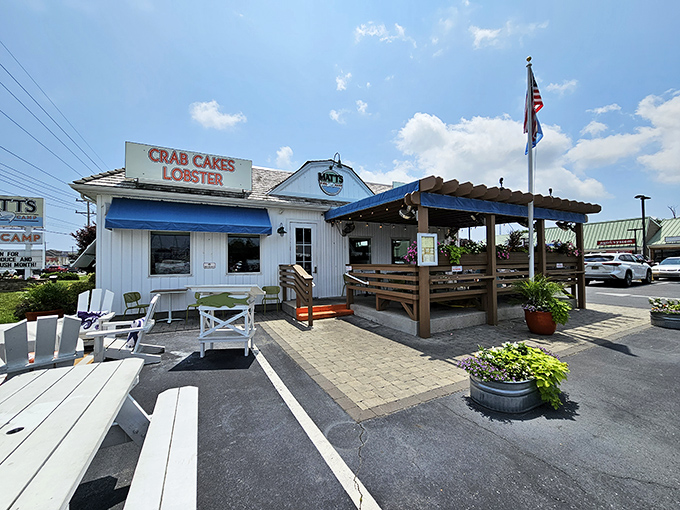 The classic coastal charm of Matt's Fish Camp beckons with its blue awnings, wooden pergola, and that irresistible "CRAB CAKES LOBSTER" sign promising delicious things to come.