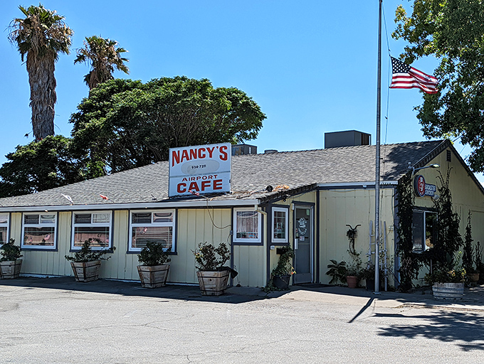 Nancy's Airport Cafe stands proudly against the California sky, American flags fluttering like they're welcoming hungry travelers home. Simple, unpretentious, and absolutely worth the detour.