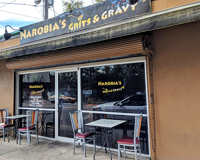 Another angle reveals outdoor seating where locals gather to discuss important matters, like second helpings.