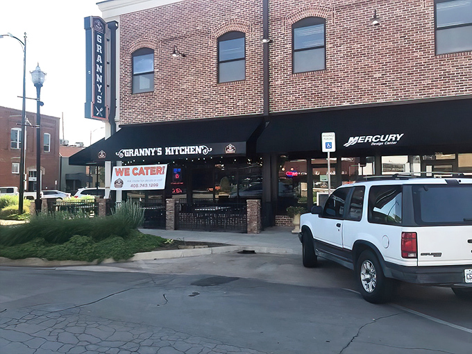 The brick facade of Granny's Kitchen stands proudly in downtown Stillwater, a beacon of breakfast hope for hungry Oklahomans.