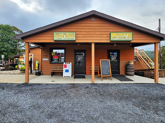 The unassuming exterior of burger paradise &ndash; where culinary legends are born behind modest wooden walls and a simple porch.